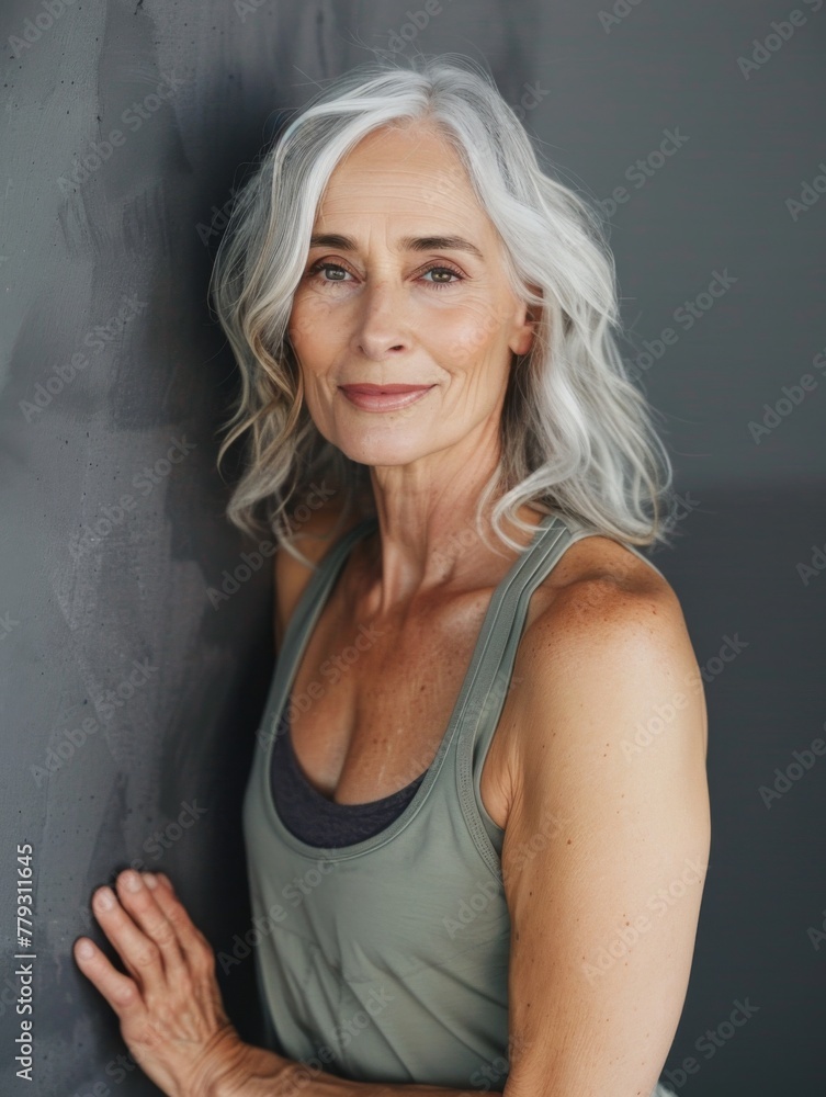 Elegant senior woman in fitness wear by wall - An elegant senior woman ...