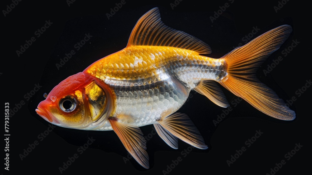 Goldfish with golden scales on black backdrop - A serene goldfish with ...
