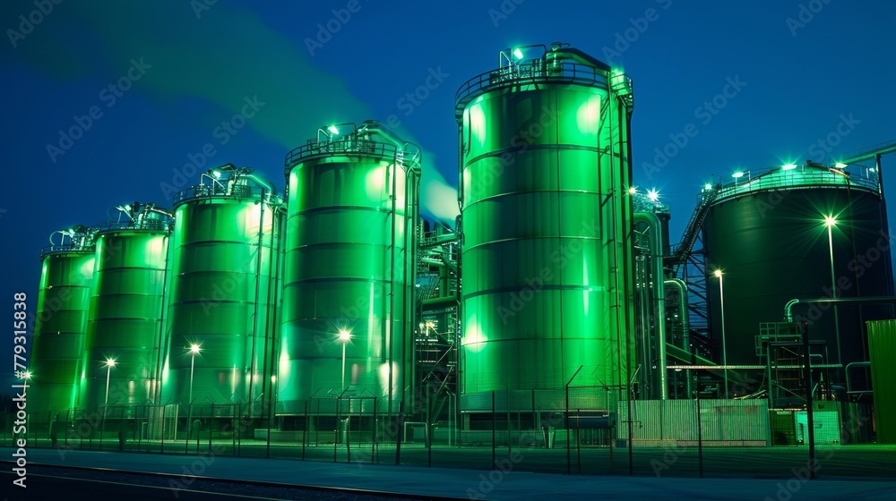 As night falls the biofuel refinery glows with soft green lights a ...