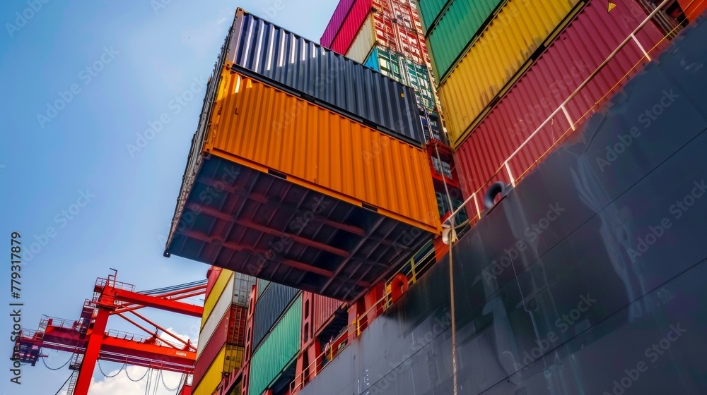 A shipping container being loaded onto a cargo ship demonstrating the ...