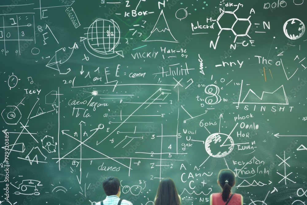 Children learning math and science concepts on board - Group of ...