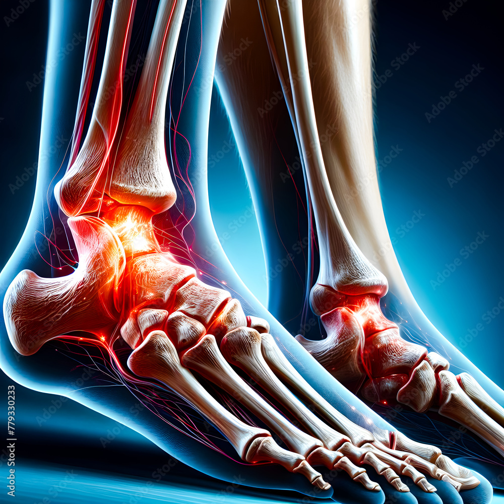 A graphical image of the anatomy of the human ankle bone and the ...