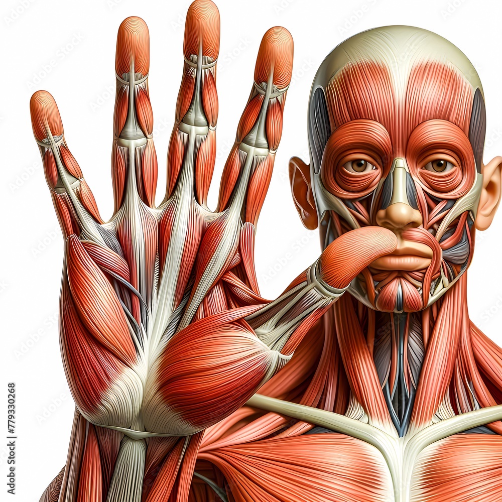 Male anatomy illustration showing body muscles and palm skeleton on a ...