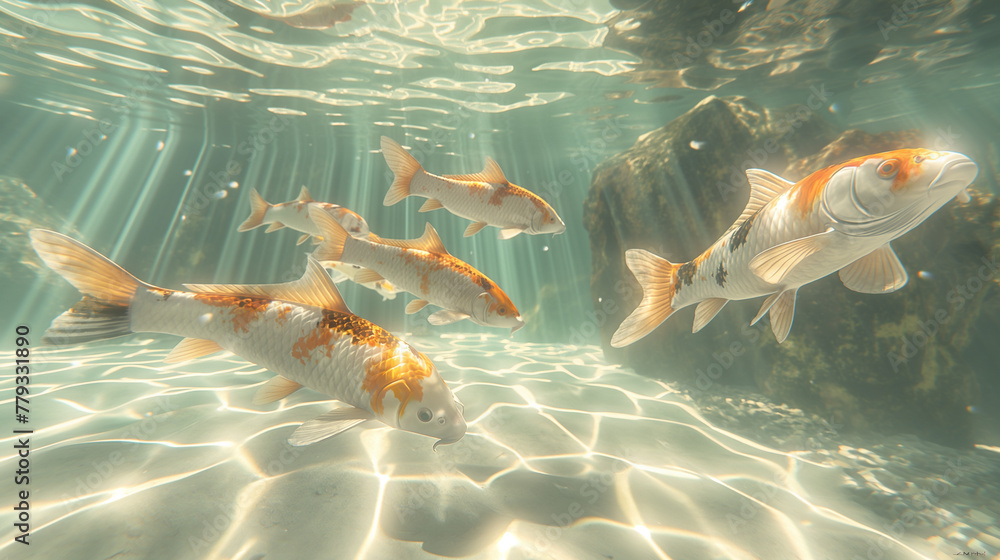 orange and white spotted koi fish swimming in clear water with rays of ...