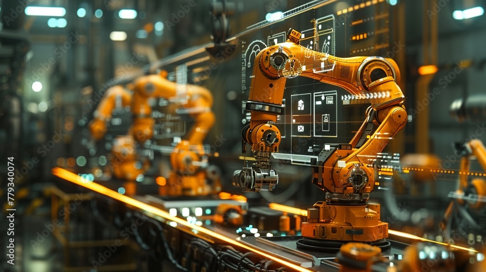 An Array Of Orange Industrial Robotic Arms Equipped With Advanced Control Interfaces Operates