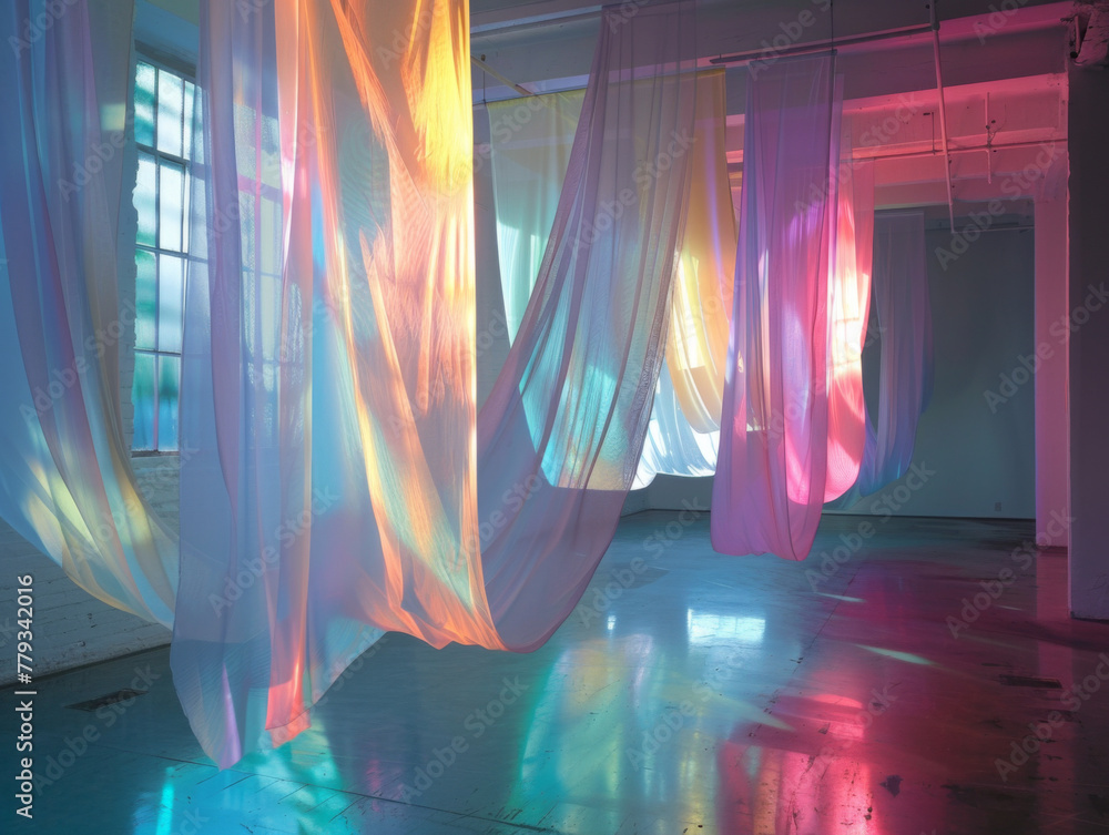 Abstract art installation with floating fabrics and light projections ...