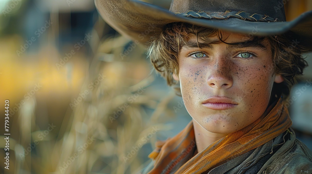 Cowboy adolescente posando en el campo, modelo joven con ropa que ...