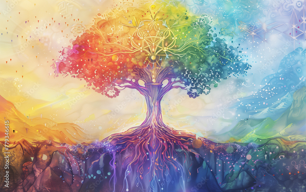 Radiant Rainbow Tree of Life: Animated Symbolism with God Rays Stock ...