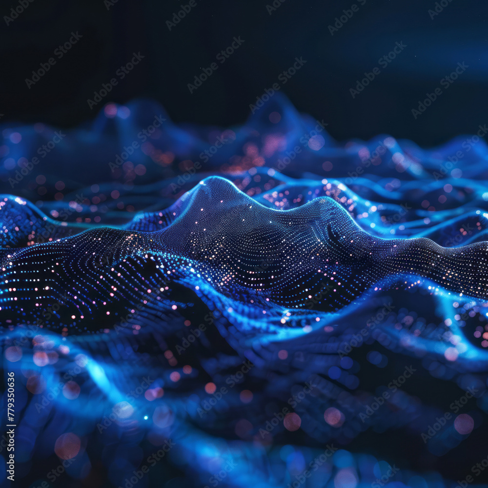 A digital landscape forms an undulating mountain range of glowing blue ...