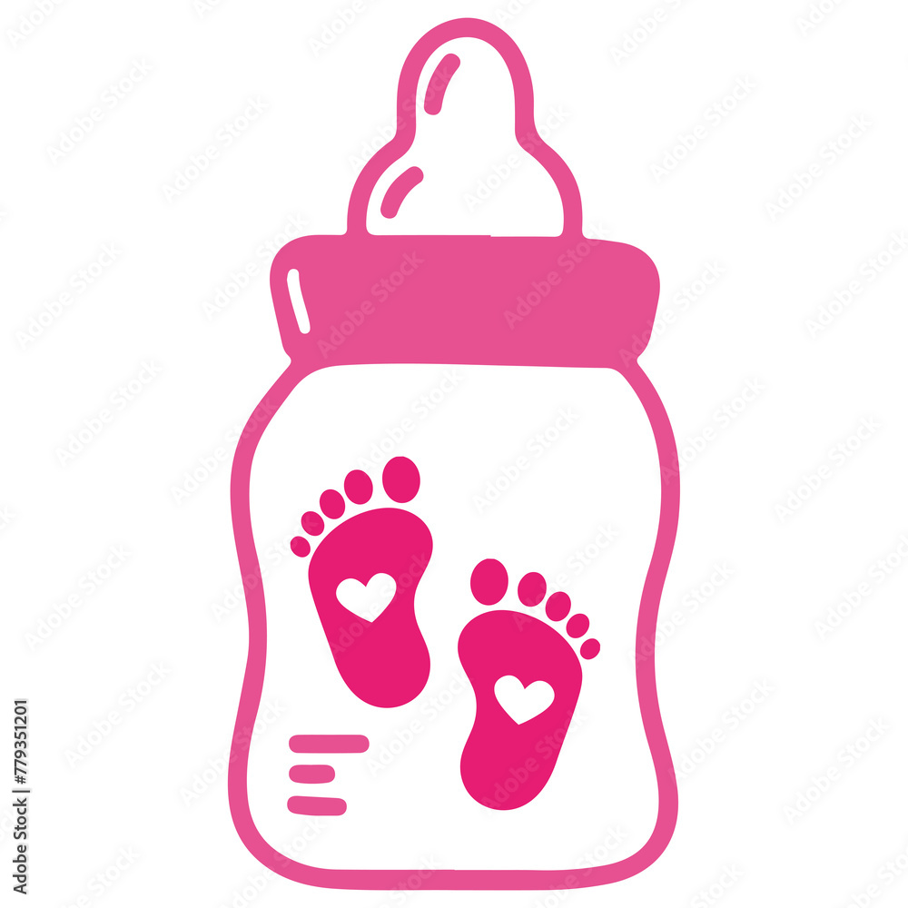 biberon rosa que contiene huellas de bebe con corazon de color rosado y ...