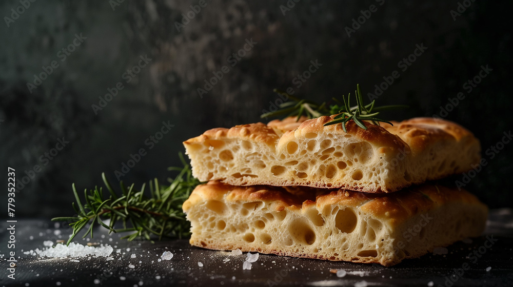 Golden-brown Focaccia with rosemary and sea salt, emphasizing texture ...