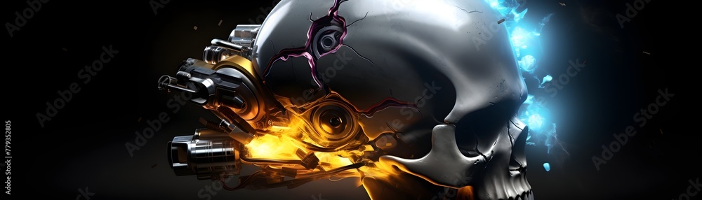 Dramatic Explosion of Futuristic Sci-Fi Skull with Vibrant Blue and ...