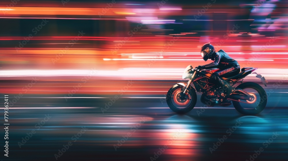 A man is riding a motorcycle in the rain. The image is blurry and has a ...