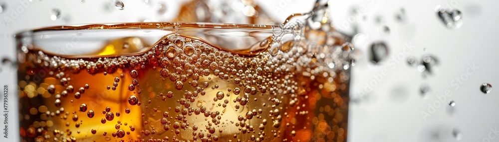 closeup, realistic, portrait of a glass of fizzy soda, with bubbles ...