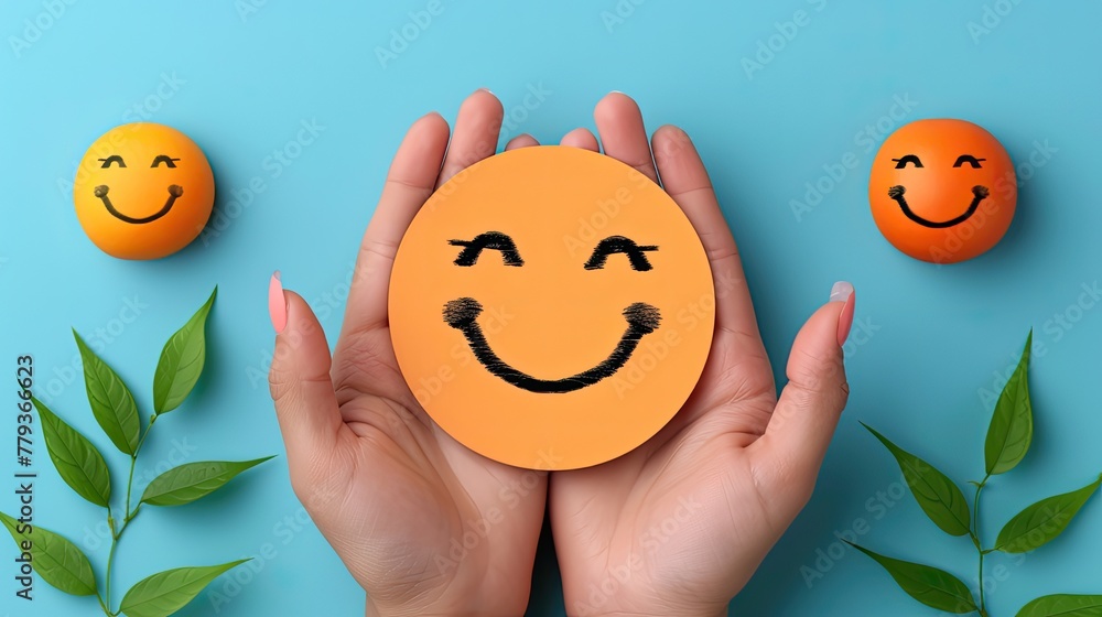 Holding a head with a happy smiling face in the hands, mental health ...