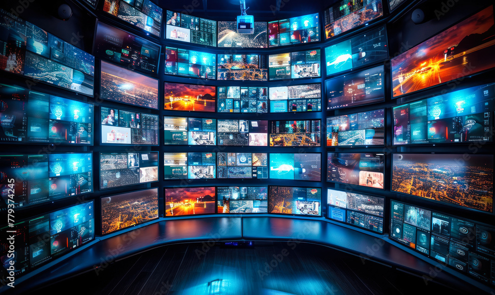 Media Broadcast Control Room with Multiple Screens Displaying Various ...