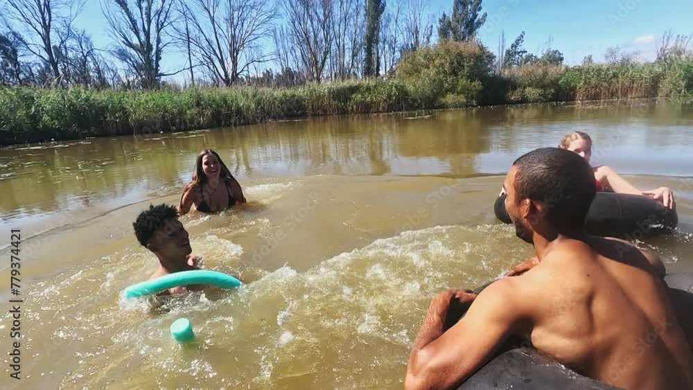 Vidéo Stock Camp, swim and friends in river on holiday, summer vacation ...