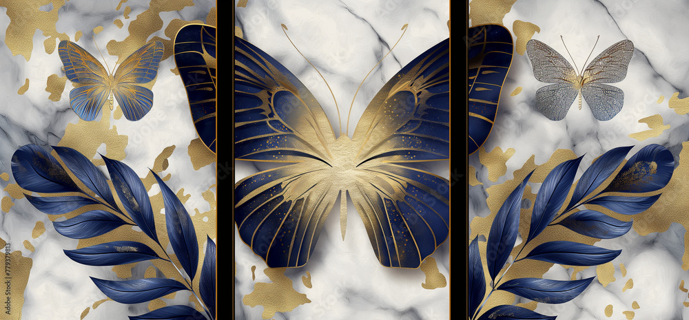 panel wall art, marble background with flowers designs and butterfly ...