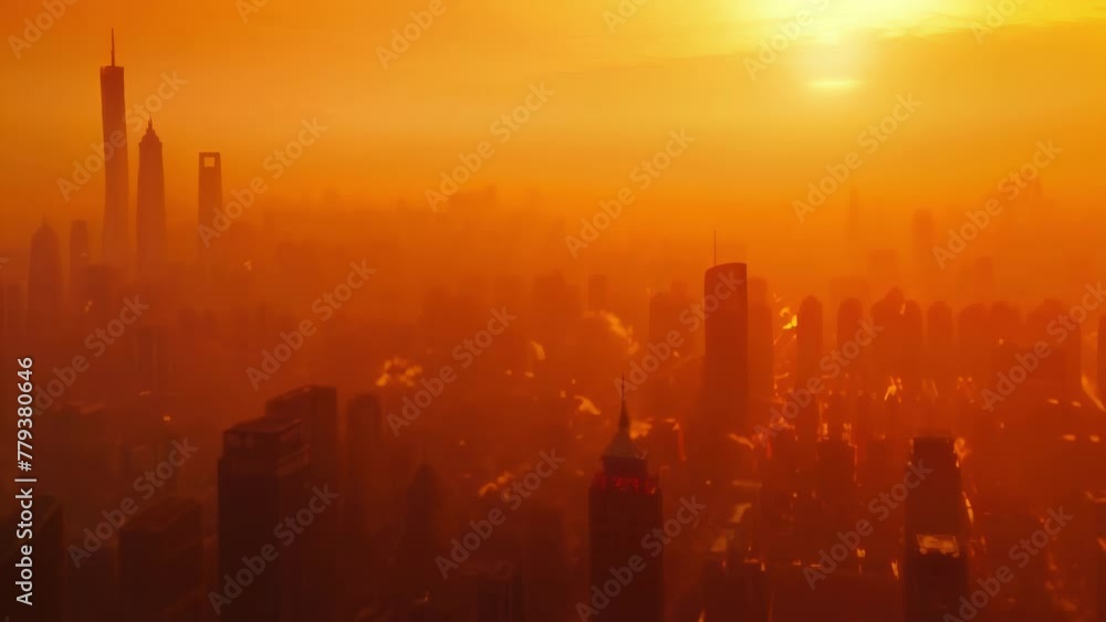 The city skyline is obscured by a thick haze of orange and red a symbol ...