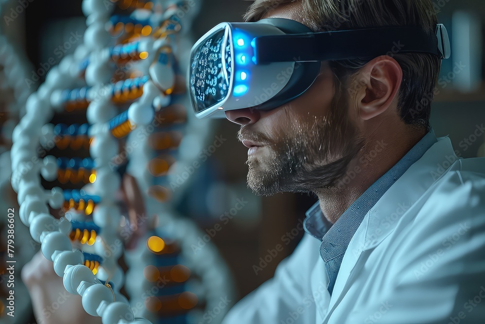 Man wearing an AR headset interacting with a holographic DNA structure ...