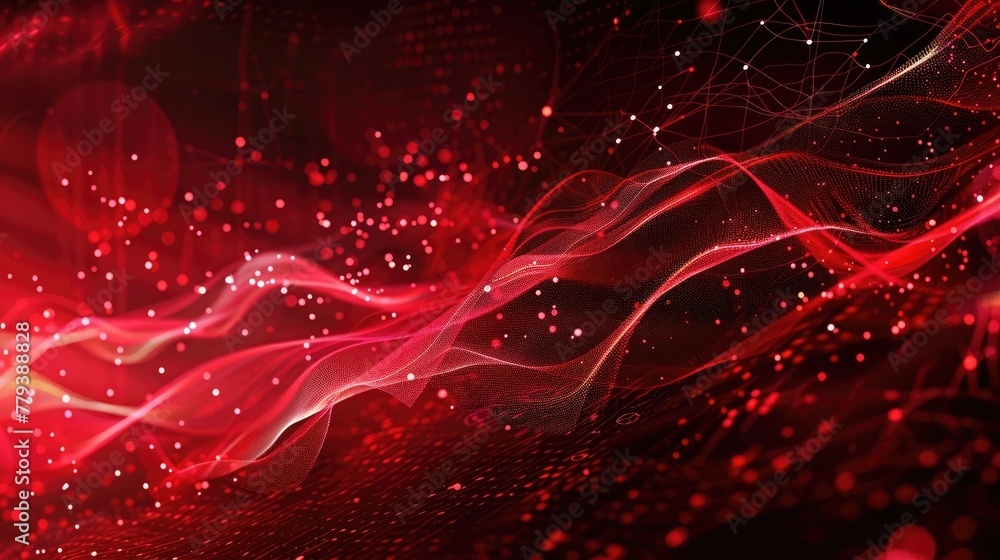 Abstract red tech background with digital waves, Dynamic network system, Artificial neural ...