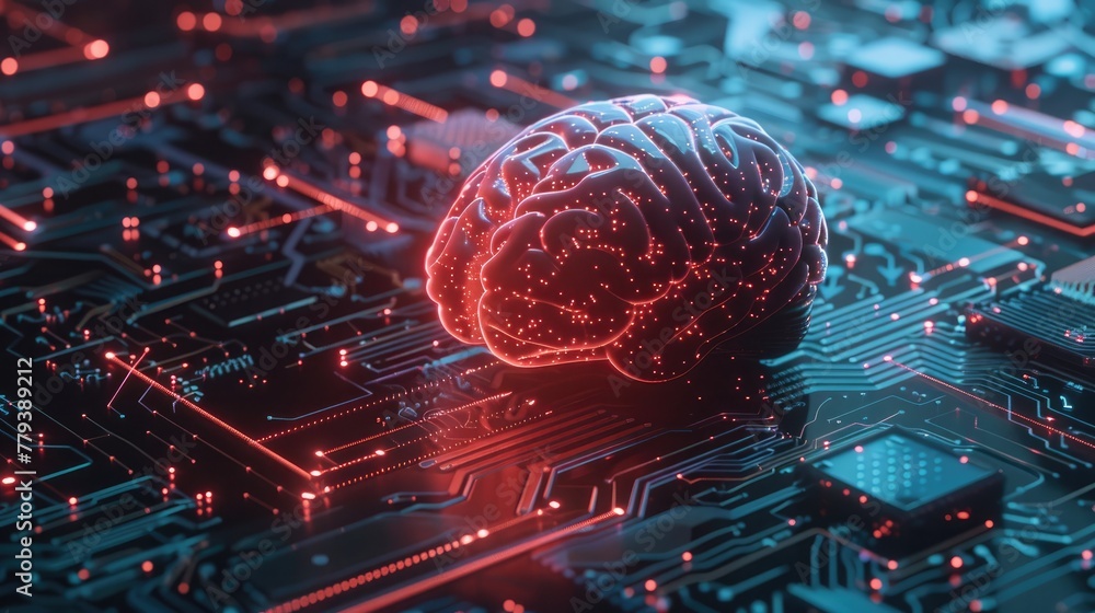 Biotechnology and machine learning concept. Neural circuit and ...