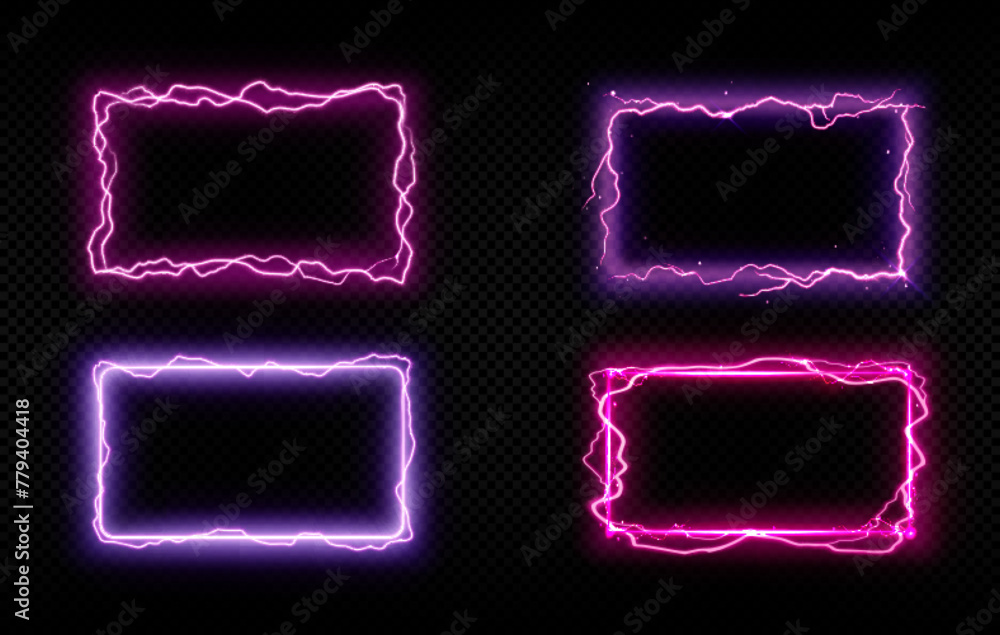 Pink rectangle lightning frame. Electric thunder energy glow. neon ...