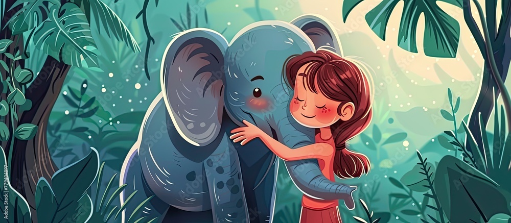 A childs happy gesture as she hugs an elephant in the jungle. A ...