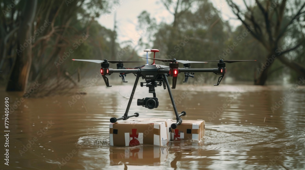 In the aftermath of a flood, a drone equipped with medical supplies ...
