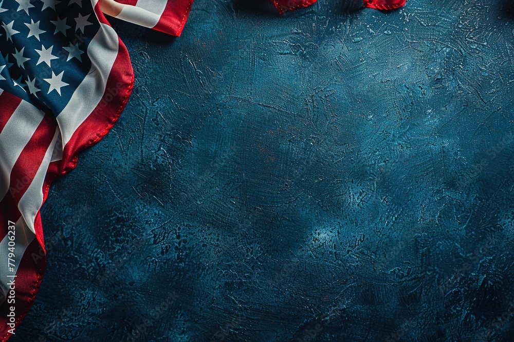 American flag draping over a textured blue background with ample copy ...