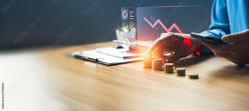 Economic collapse concept, businessman with falling financial graph ...