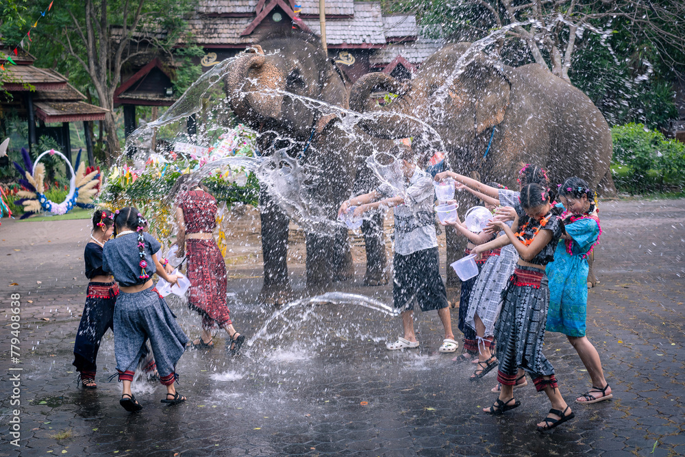 Songkran Festival Thai dress. Asian young travel group wearing colorful ...