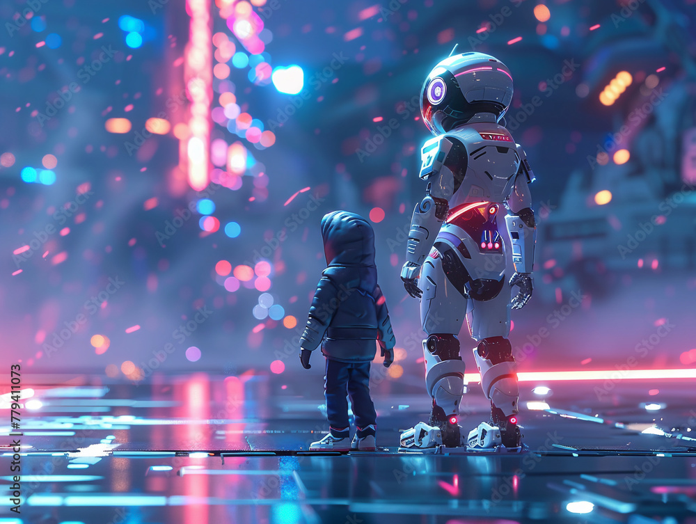 A child and their robot stand on a futuristic stage ready for a ...