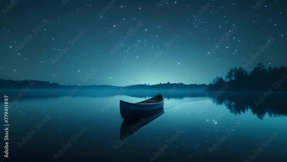 A canoe glides across a tranquil lake under the cover of a starry night ...