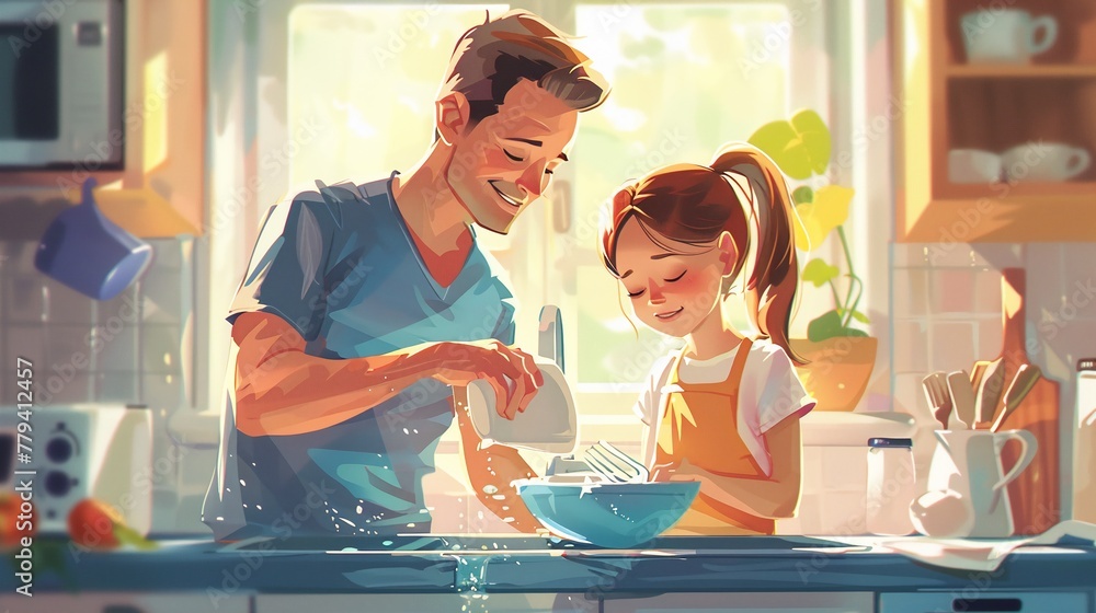 dad daughter washing dishes sink together family household chores ...