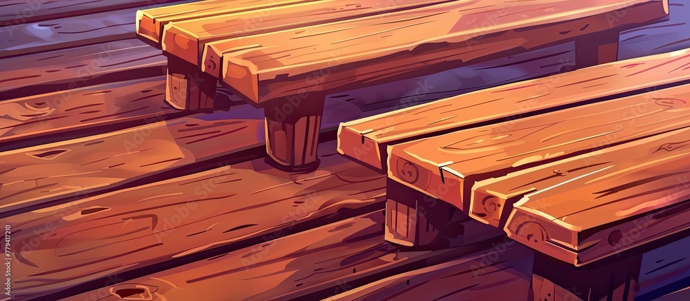 Two rectangular wooden benches placed on a hardwood deck with a ...