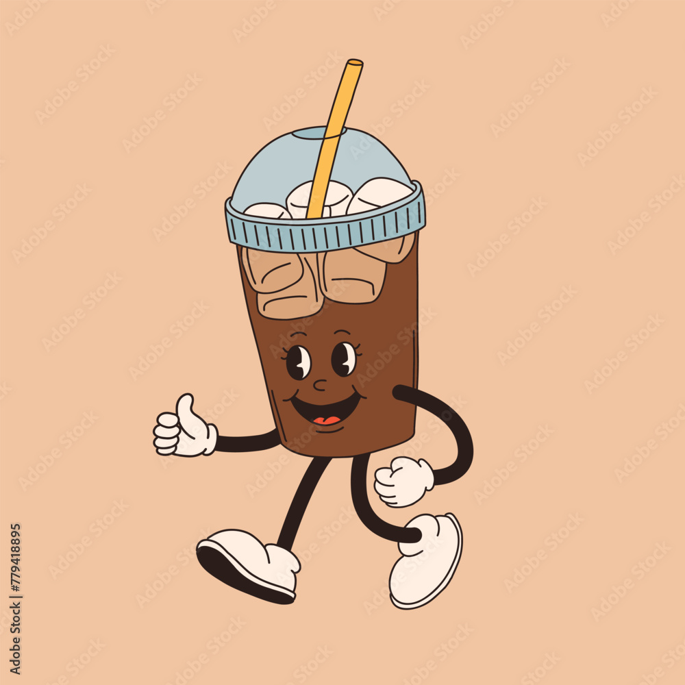 Retro cartoon coffee cup character. Mug mascot in different poses. 60s ...