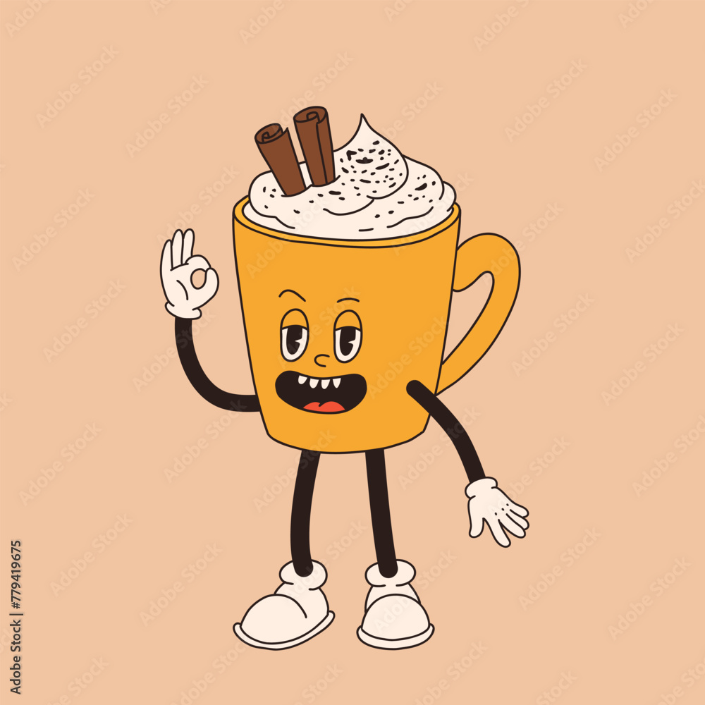 Retro cartoon coffee cup character. Mug mascot in different poses. 60s ...