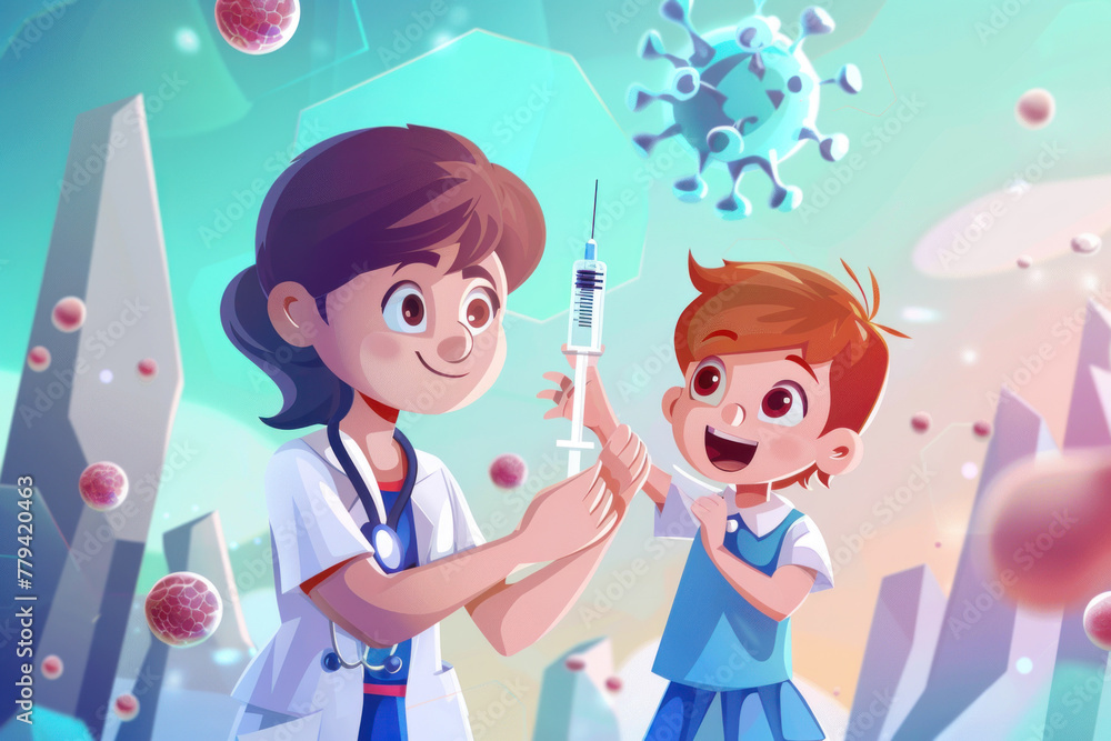 Cartoon Illustration of a Nurse Giving a Vaccine to a Happy Boy Amidst ...