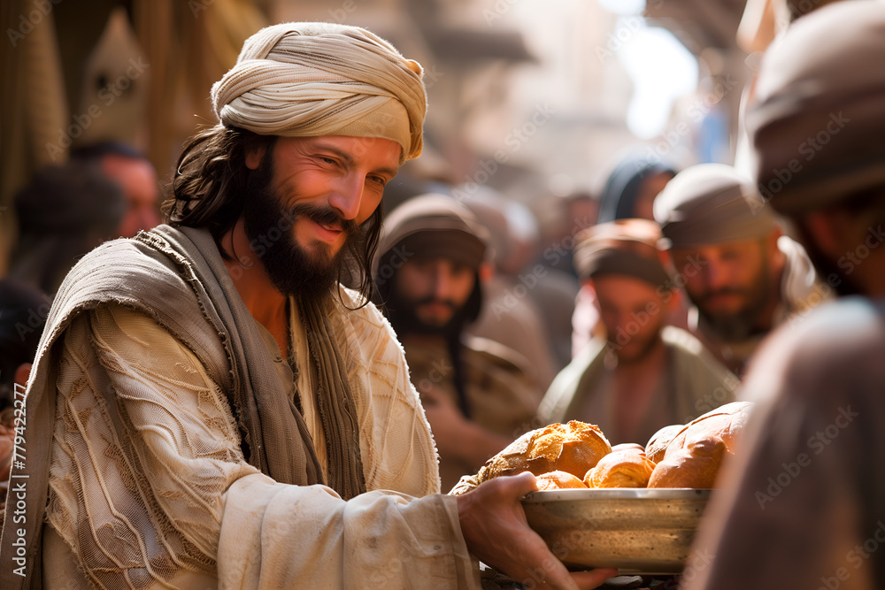 Jesus Christ feeding crowd of five thousand people with loaves Stock ...