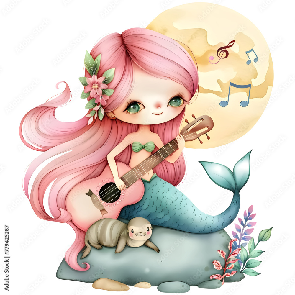 cute mermaid plays guitar and sings along with her seal on the beach ...