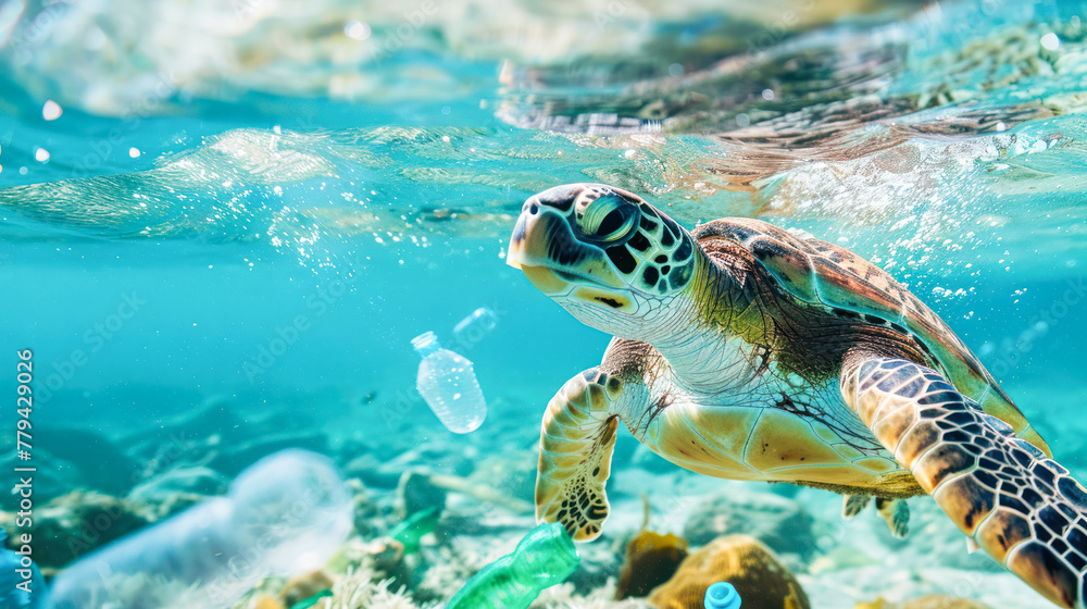 A turtle swims between plastic waste on a coral reef under blue water ...