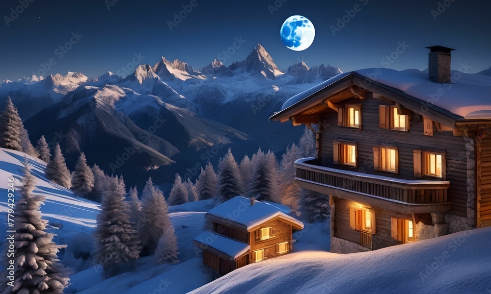 Wallpaper the snowy peaks of the Alps lit by a full moon and a chalet in the valley background ...