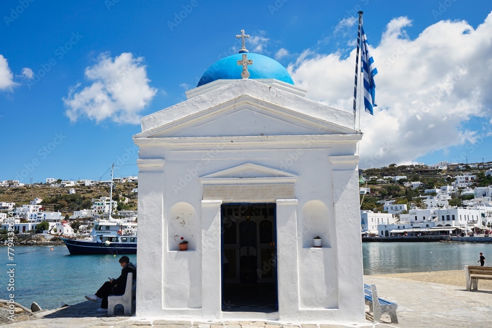 Miniature Greek Orthodox church in traditional Greek white and blue ...