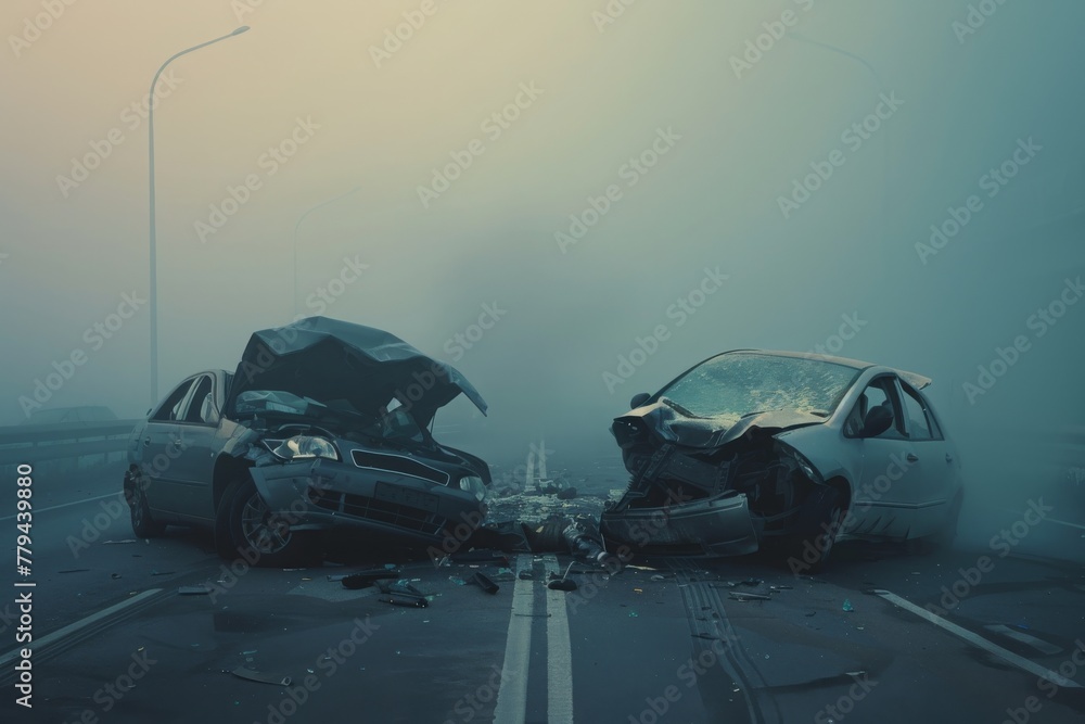 Severe head-on collision between two cars with crumpled hoods on foggy ...