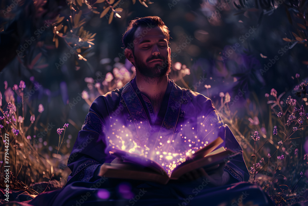 A Happy Male Scholar with Elegant Purple colored dress. Wizard pose ...