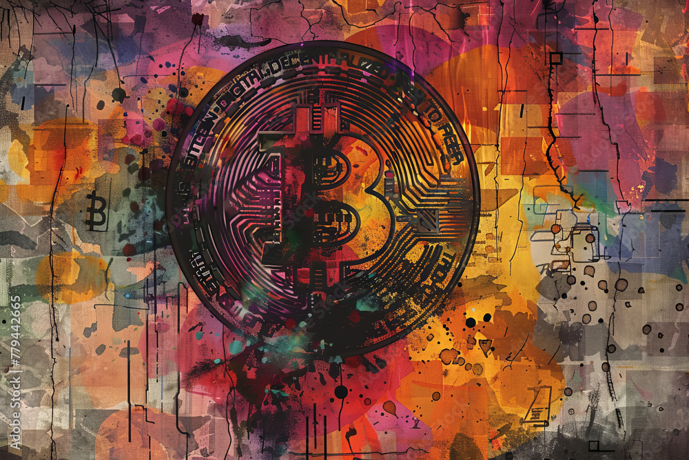 A bitcoin halving, a mix of watercolor and ink drawing to create a ...