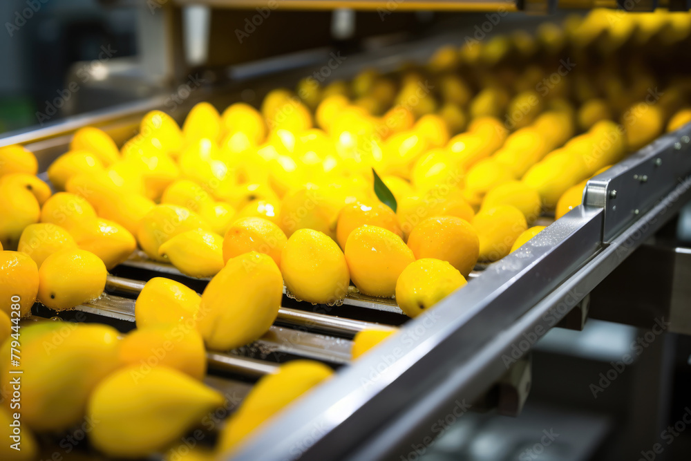 Automatic mango processing line. Conveyor with ripe yellow mangoes ...