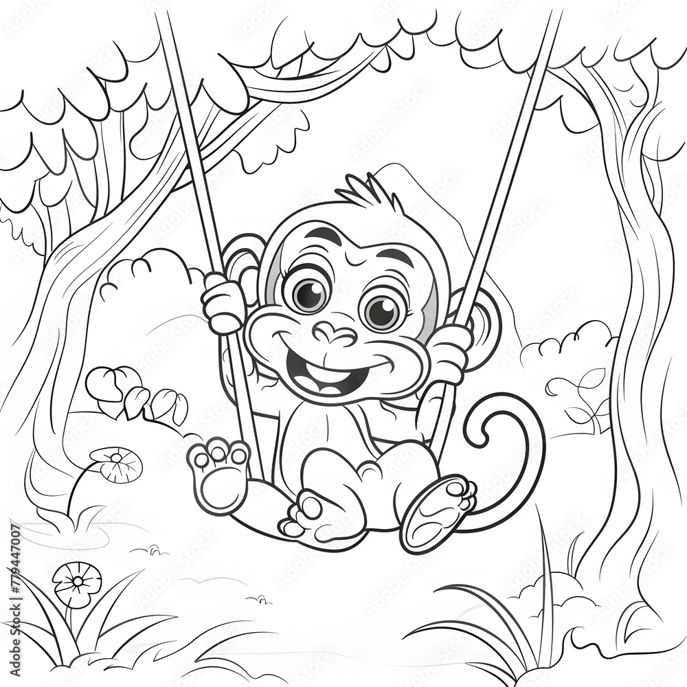 coloring page for kids, cute monkey swinging in the jungle Stock ...