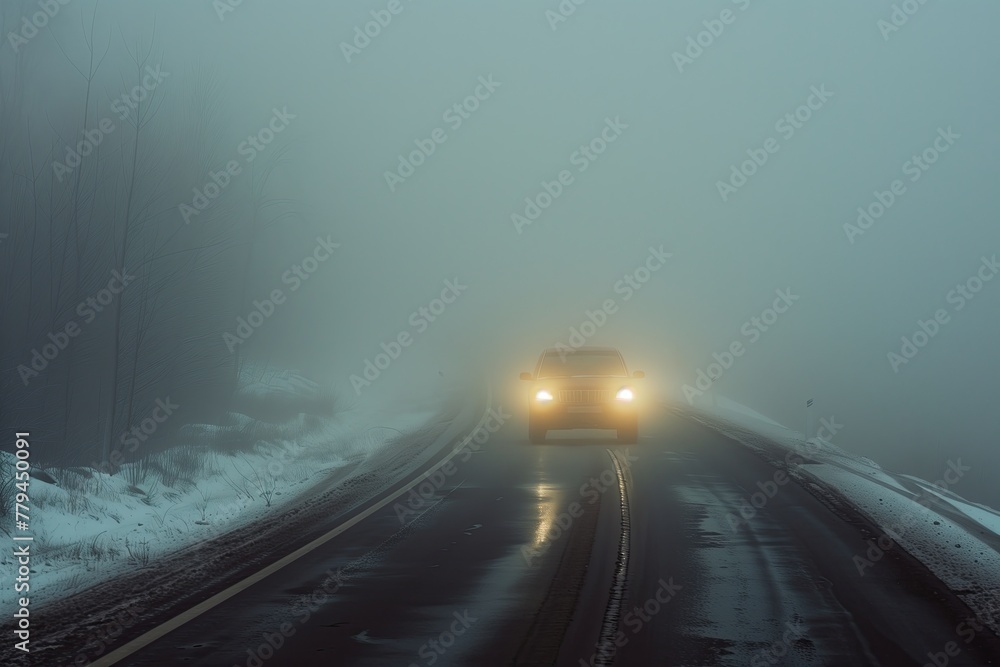 A car driving on the highway in thick fog, headlights visible. Dense ...